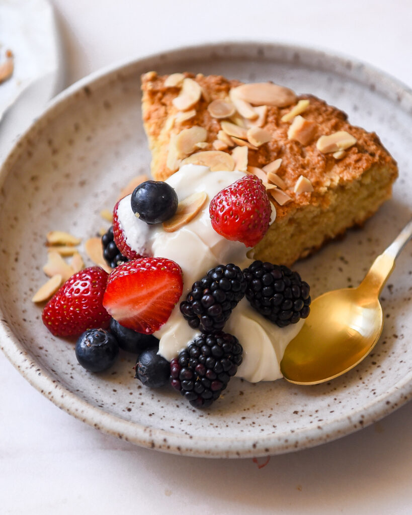 Almond Cake with Berries and Cream | Nourish Deliciously